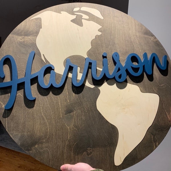 Wooden Name Sign World Map | 3D Name Sign Wood | Globe Nursery Decor ...
