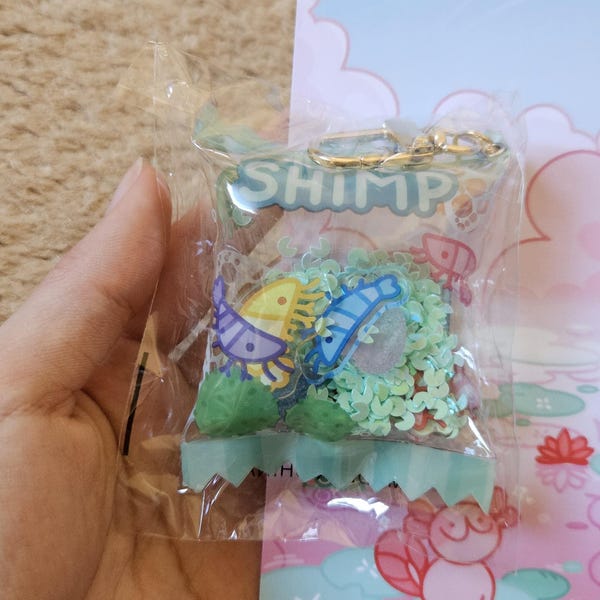 Shrimp Candy Bag Shaker Keychain Puffy Squishy PVC Charm Cute Ocean ...