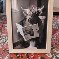 Highland Kuh sitzt auf der Toilette und liest eine Zeitung, lustiges Badezimmer Wanddekor ...