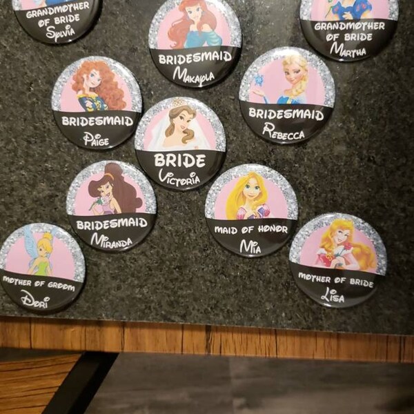 Disney Wedding Party Buttons-princess Wedding Buttons-disney Bridesmaid ...