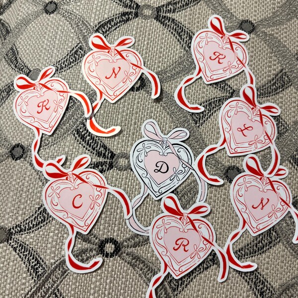 Custom Initial Heart Locket Sticker, Coquette, Hand-drawn, Ribbon ...