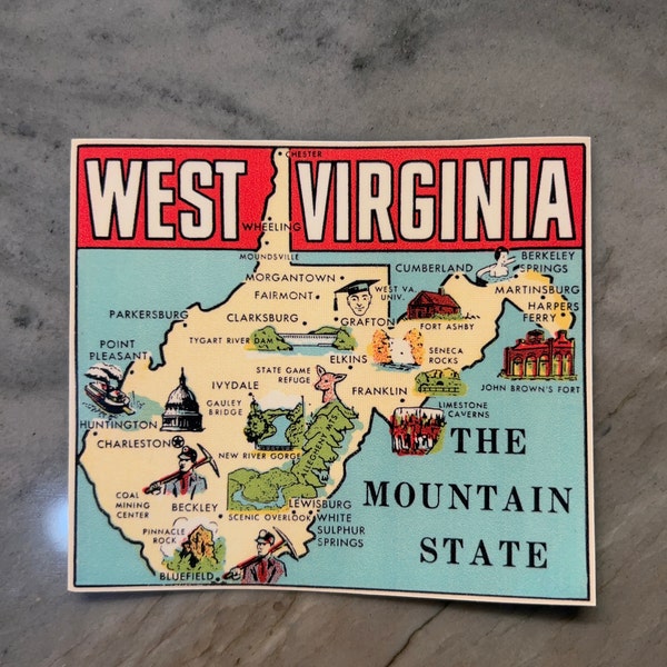 Vintage 1950's Style West Virginia the Mountain State Map WV Retro ...