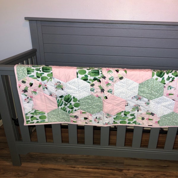 Cactus Quilt, Baby Quilt, Baby Blanket, Green and Pink, Boho Blanket ...