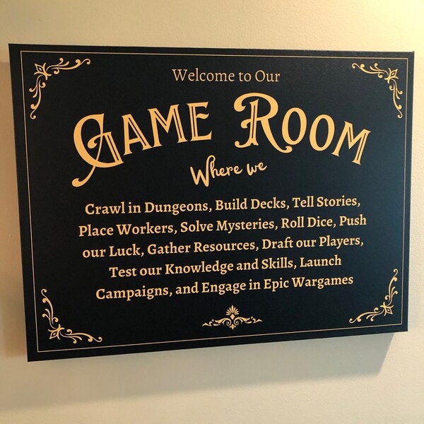 Sign for Game Room Canvas Print for Board Game Rec Room Black and Gold ...