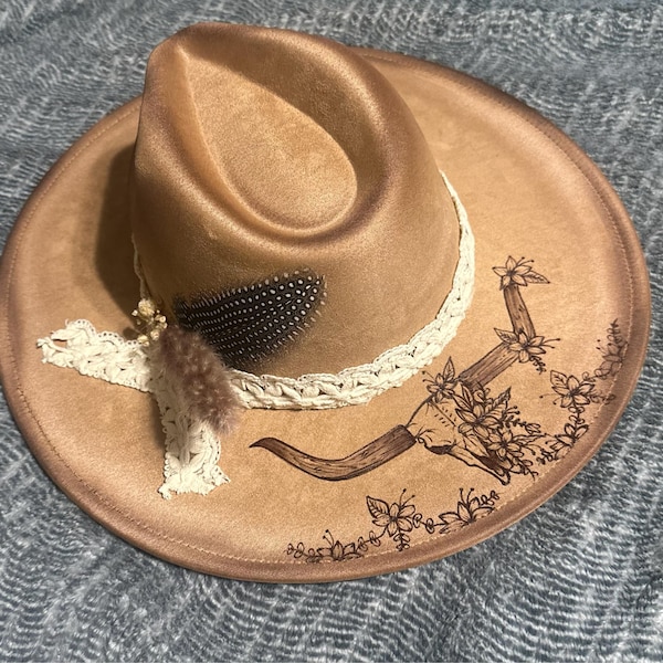 Burned Western Boho Wool Felt Fedora Cowgirl Hat Derby Lainey Wilson Yellowstone Custom Floral ...