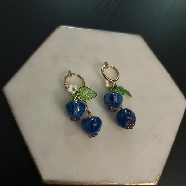Blueberry Dangle Earrings, Glass Fruit Dangle Earrings, Berry Drop ...
