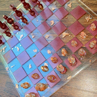 Custom Chess Set With Board Resin Complete 32 Pieces Pink Crystals Rose ...