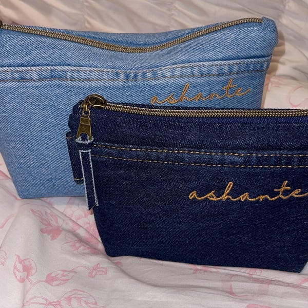 Personalized Upcycled Denim Zipper Pouch: Embroidered Makeup Bag Made ...