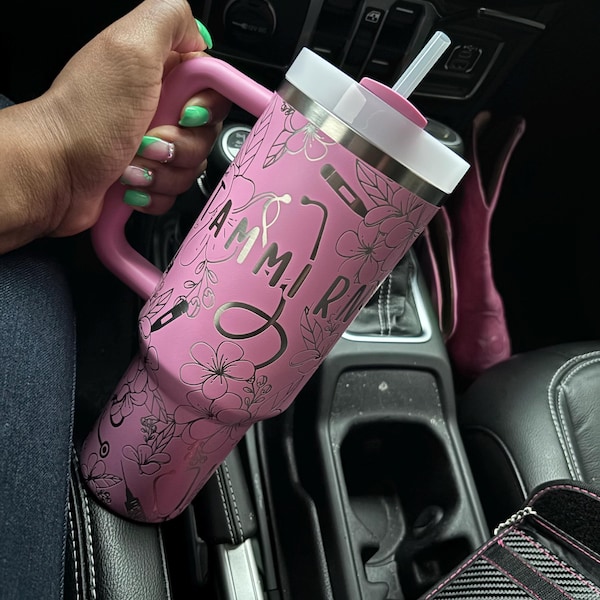 Customized Tumbler With Handle, Laser Engraved Spooky Design, Stainless ...