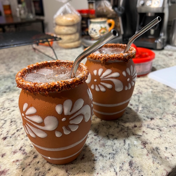 Set of 8 White Plumeado Cantarito Cup Clay Cantarito Cup 5 De Mayo Cup ...