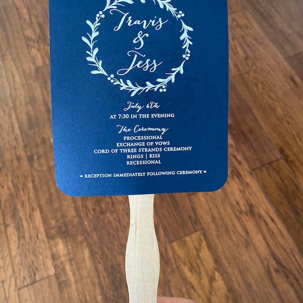 Navy Blue Wedding Program Fans Wooden Sticks Included - Navy Blue ...