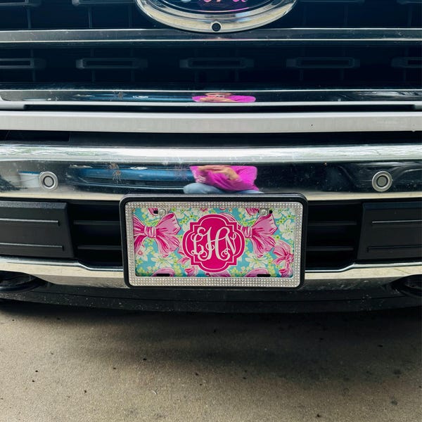 Flower and Bow Coquette Monogram License Plate, Pink Bow Name Car Tag ...