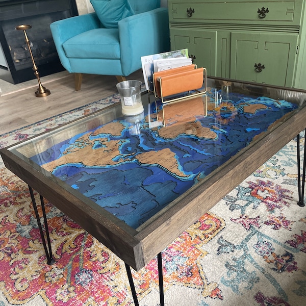 World Map Coffee Table With Ocean Bathymetric Layers - 24x36" - 100% ...