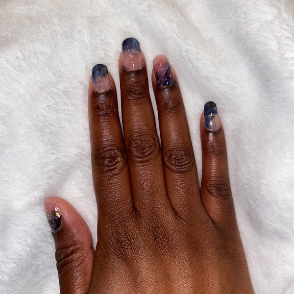 Midnight Marble Nail Wraps With Gold Flake Accents • Blue Watercolor ...