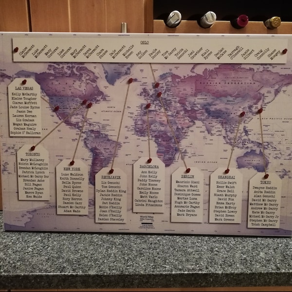 Personalised Travel World Map Wedding Table Plan, Destination Seating ...