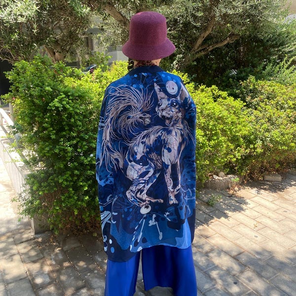 Short Unisex Kimono Neko Mono Sphynx Cat Print Robe Caftan One Size ...