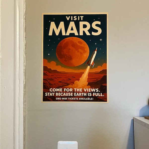 Visit Mars Retro Travel Poster - Futuristic Space Tourism Print ...