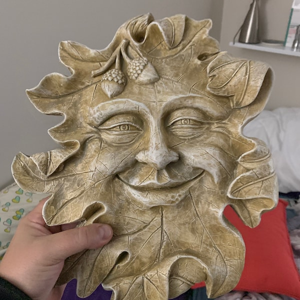 Green Man Sculpture Smiling Leaf Face With Acorns - Etsy