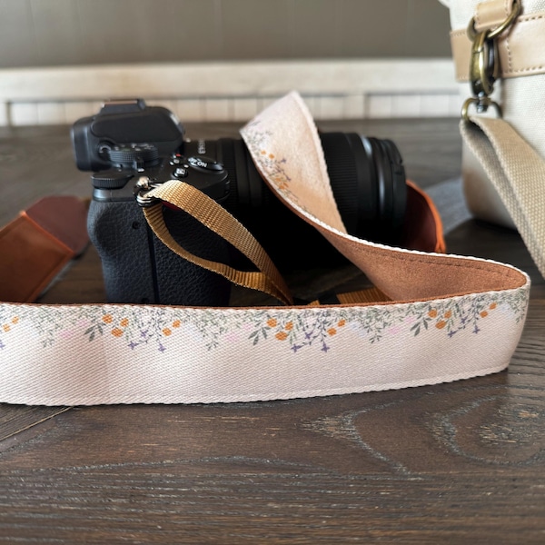 Flower Field Tan Camera Strap Design With Brown Vegan Leather ...
