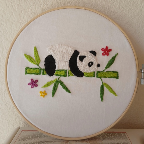 Panda Hand Embroidery Pattern, Cute Panda Embroidery Pattern, Bamboo ...