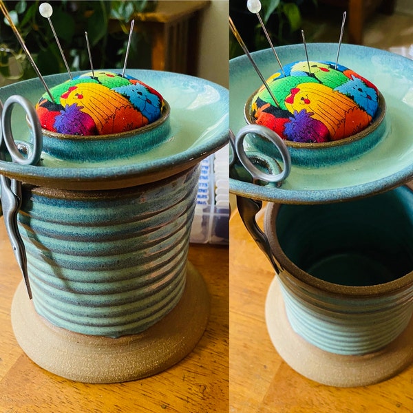 Green Sewing Station Caddy – Ceramic Spool Organizer With Pincushion ...