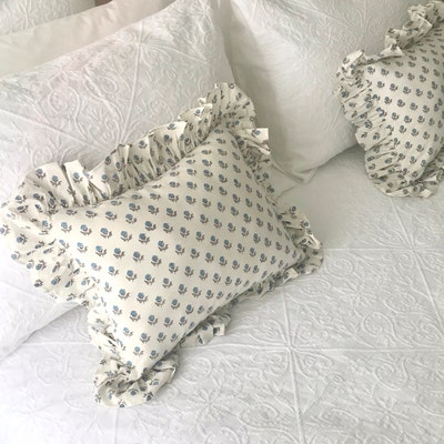Ruffle Blockprint Mini Cushion Blue Floral - Etsy