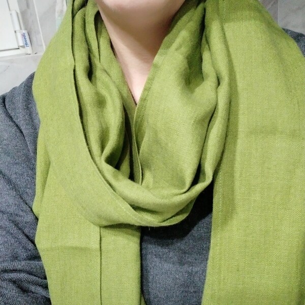 Long and Wide Natural Linen Scarf for Women, Olive Color Linen Scarf ...