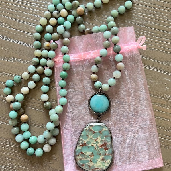 50“ Long Hand Knotted Amazonite Stone Beads Necklace Pendant Woman ...
