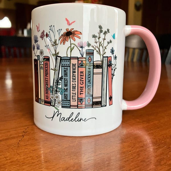 Personalized Floral Books Mug, Favorite Bookshelf Coffee Mug, Custom ...