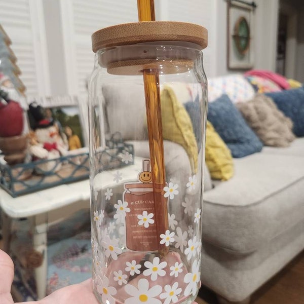 Daisy 20oz Glass Can Flower Iced Coffee Cup Daisies Beer Can Glass T