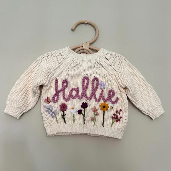 Personalised Baby Name Cardigan | Hand Embroidered Chunky Knit Frill ...
