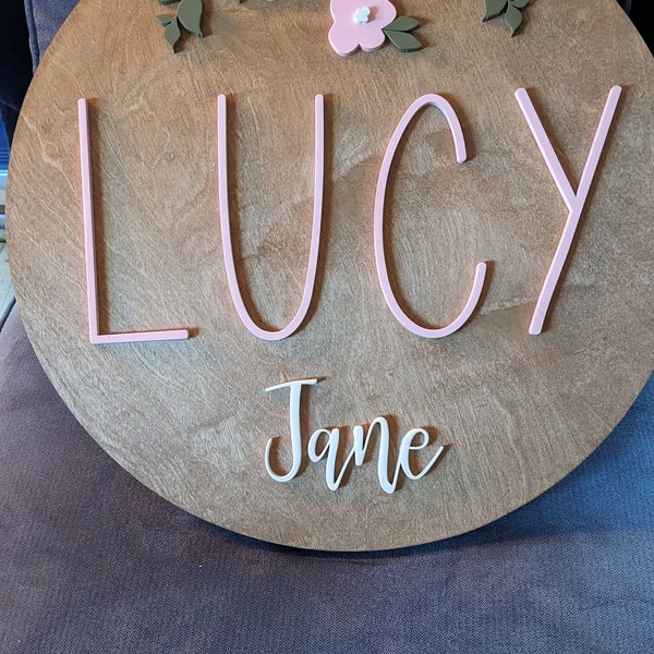 Floral Nursery Name Sign 3D Wood Round, Custom Baby Girl Gift ...