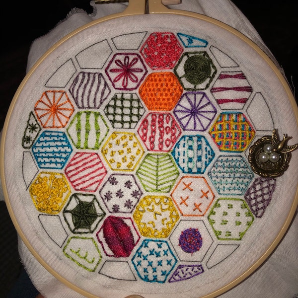 Hexagon Sampler, Hand Embroidery PDF Pattern, Embroidery Sampler, Learn ...