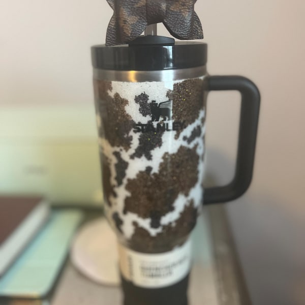 Custom Cow Hide Authentic Stanley Tumbler Epoxy Glitter Brown Cow