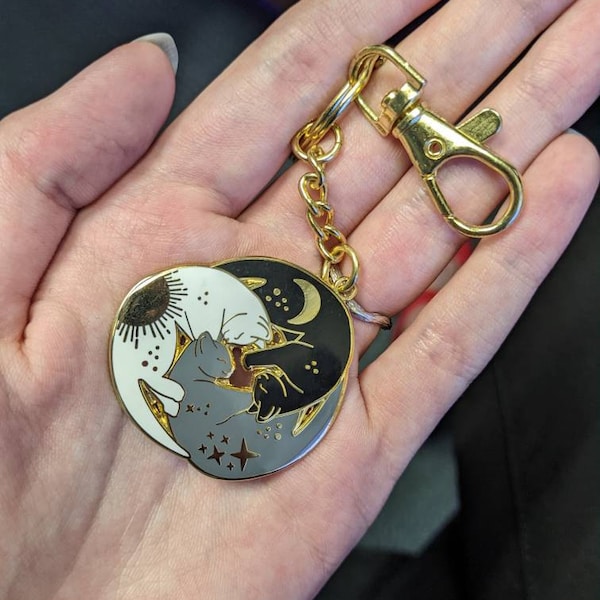 Trio of Cats Keychain Black Cat Keychain Celestial Keychain Sleeping ...