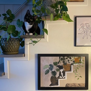 Tuxedo Cat Art Print White and Black Cat Art Plant Art - Etsy