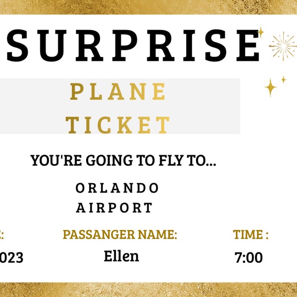 Surprise Boarding Pass Ticket, Printable Trip Coupon, Gold Plane Ticket ...