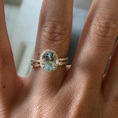 Aquamarine Engagement Ring Rose Gold Ring Set March Birthstone Oval Cut ...