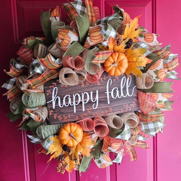 Fall Wreath, Pumpkin Wreath. Happy Fall Wreath, Thanksgiving Wreath ...