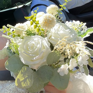 White Rose Bridal Bouquet, Classic Wedding Bouquet, Rustic Boho Flower ...