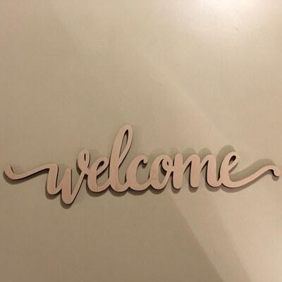 Welcome Script Word Wood Sign, Wooden Words, Sign Art, Rustic Cursive ...