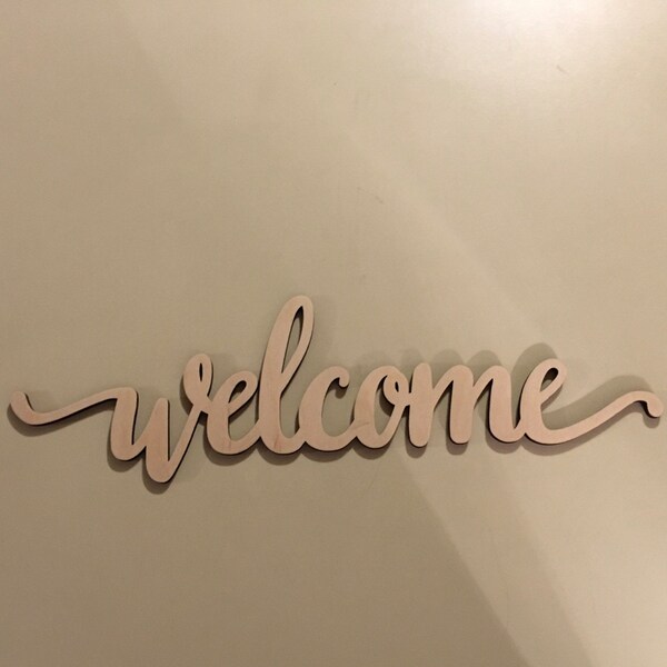 Welcome Script Word Wood Sign, Wooden Words, Sign Art, Rustic Cursive ...