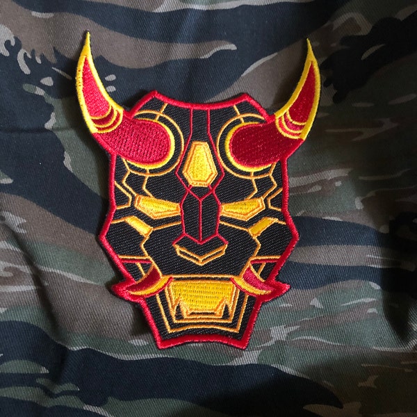 Mecha Oni Mask Embroidered Patch / Neon Red Demon Mask / Japanese ...