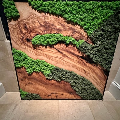 Custom Made Moss and Olive Wood Wall Art, Metal Frame Moss Wall Decor ...