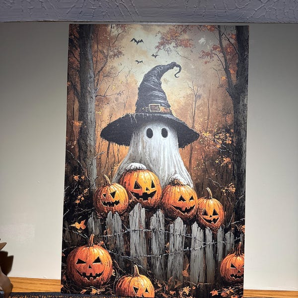 Ghost Wearing Witch Hat Framed Canvas Wall Art Spooky Pumpkin Patch ...