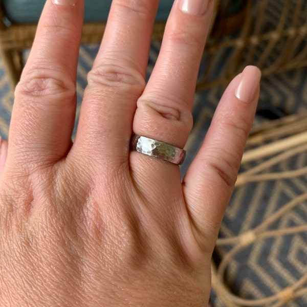 Peen Hammered Steel Ring - Silver 5mm Surgical Stainless Wedding Band ...