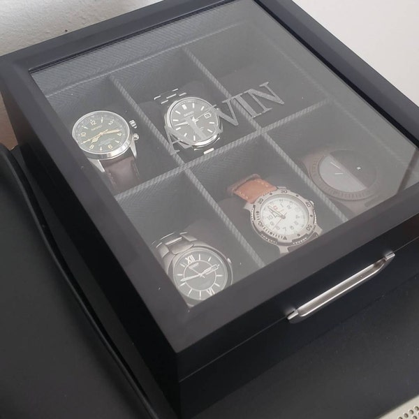 Modern 2x3 Black Finish Watch Box With Custom Aluminum Handle 6-slot ...