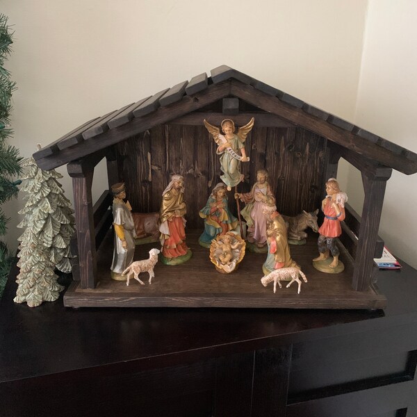 READY TO SHIP ,spaced Roof, Large Dark Walnut Nativity Stable/creche ...