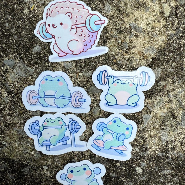 Pack of 5 Frog Fitness Stickers - Cute Gym Stickers - Kawaii Workout ...