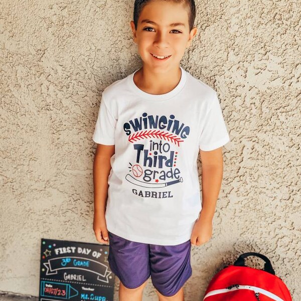 Boys 1st Grade Shirt, Swinging Into First Grade, Boys Back to School ...